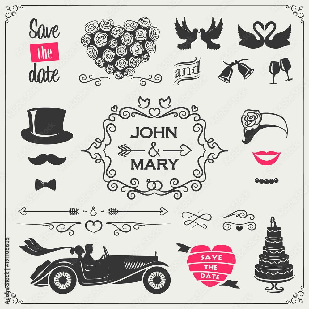 Vector set of wedding icons and elements for the invitations, banners ...