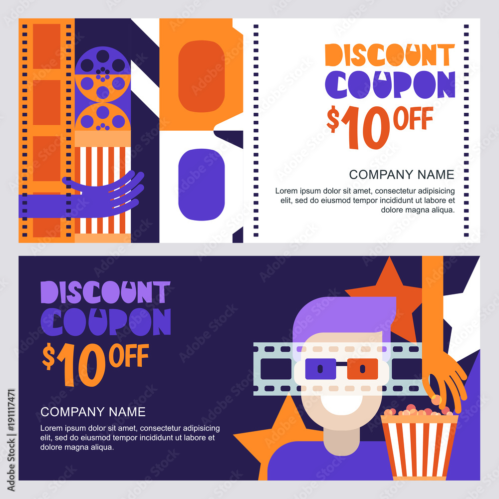 Vector cinema discount coupon or voucher template. Design elements for ...