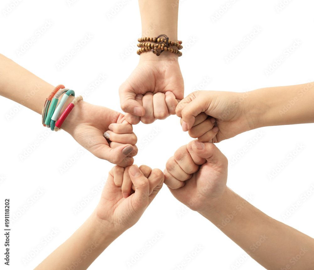 People putting hands together as symbol of unity on white background ...
