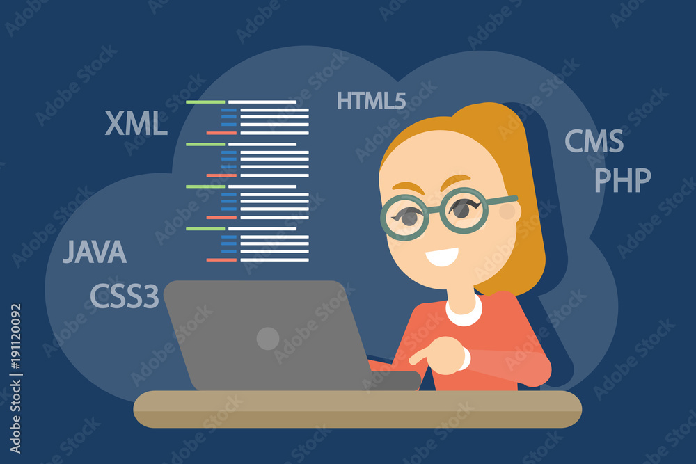 Woman programmer working. Stock-Vektorgrafik | Adobe Stock