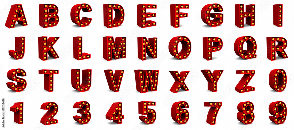 Red Marquee light letter sign retro on white background. 3d rendering ...