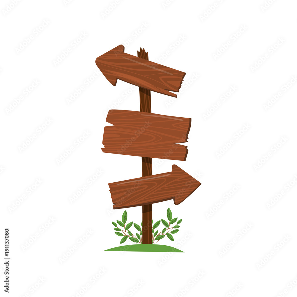 Wood arrow sign, old wooden road sign standing on the grass cartoon ...
