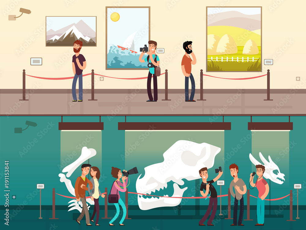 Cartoon museum gallery exhibition with painting, science exhibits and ...