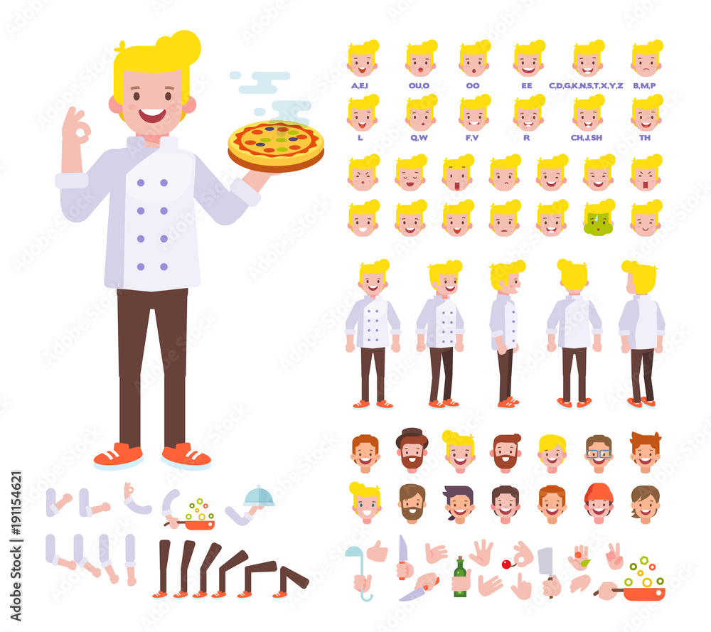 Front, side, back view animated character. Chef character creation set ...