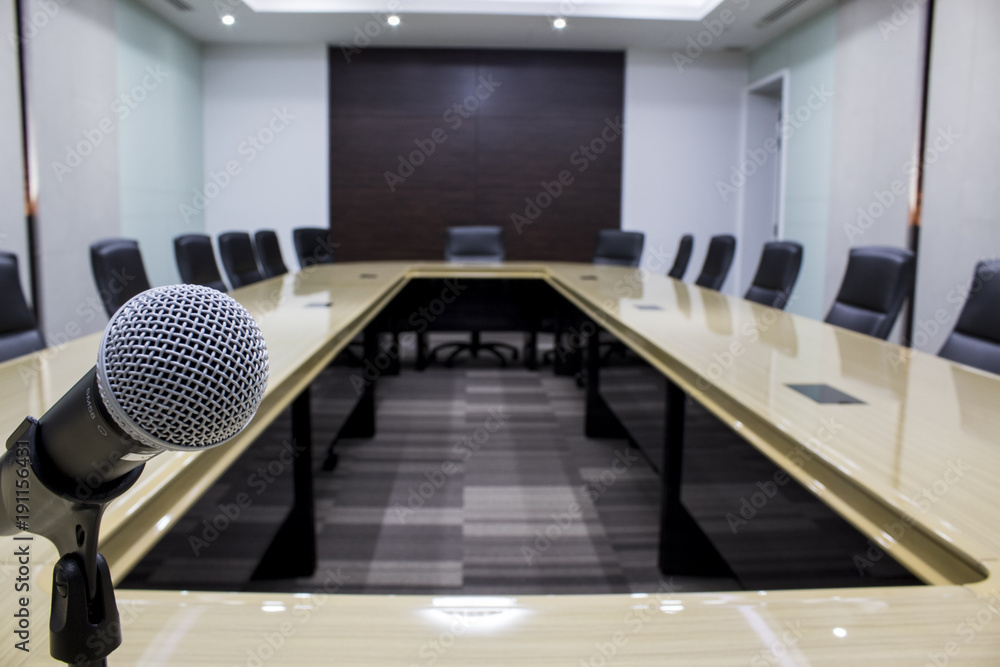 Microphone and modern table boardroom with chair black. luxurious ...