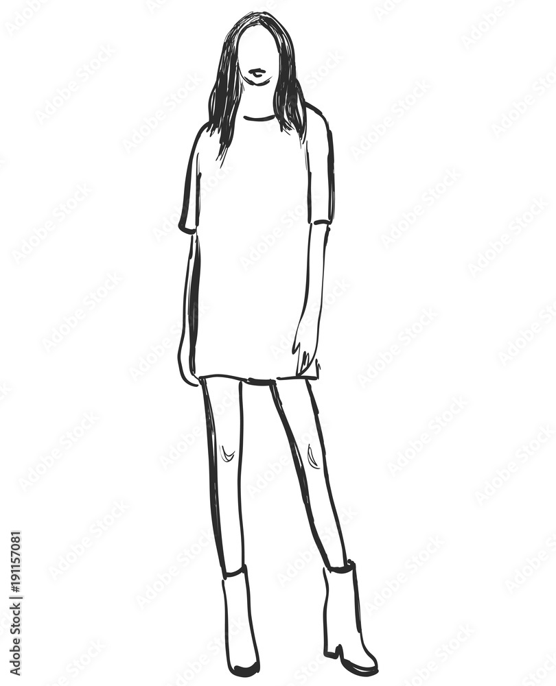 Beautiful young girl for design. Fashion model sketch drawing. Stock ...