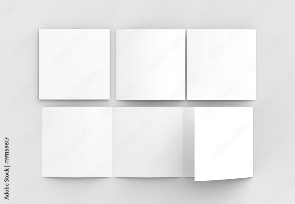 Square four folded - 4-Fold - brochure mock-up isolated on soft gray ...