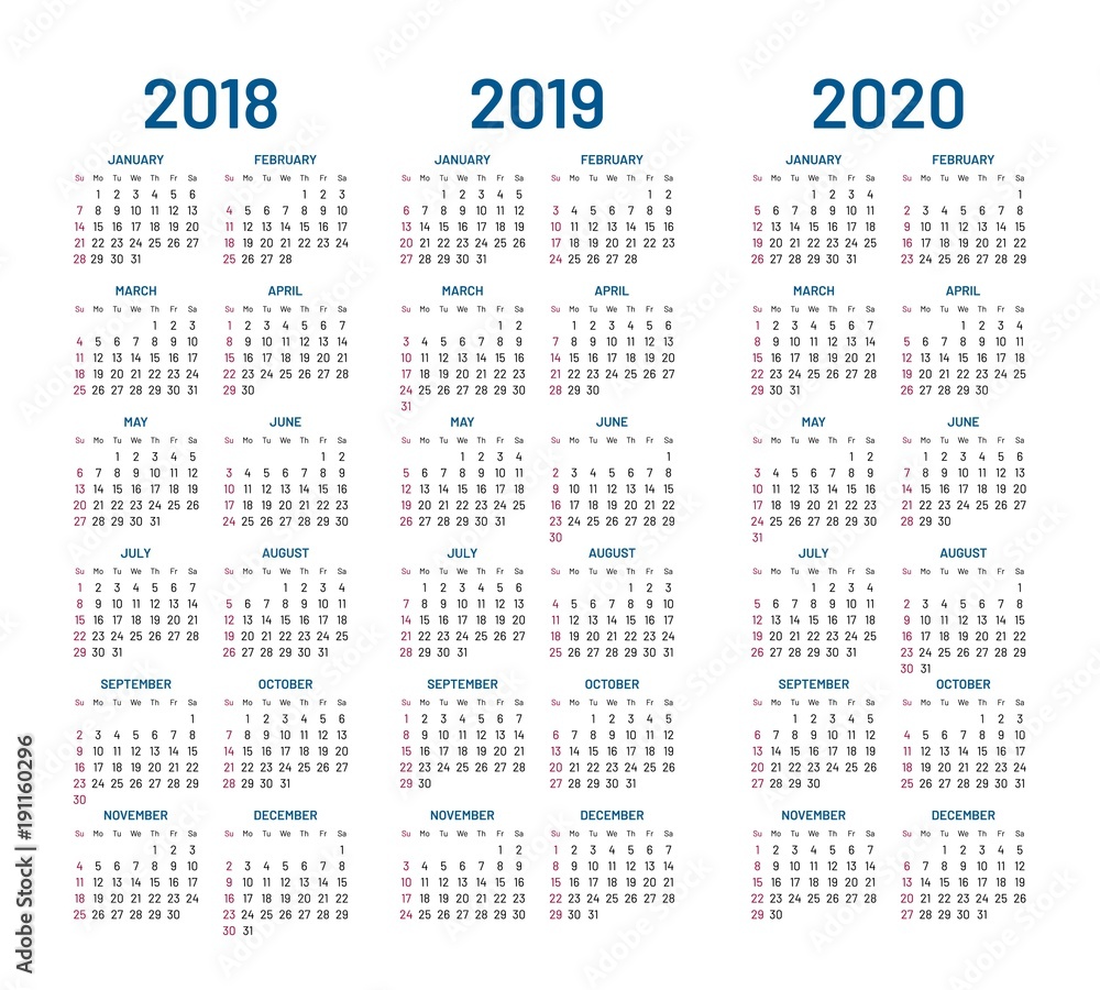 Year 2018 2019 2020 calendar vector design template. Compound planner ...