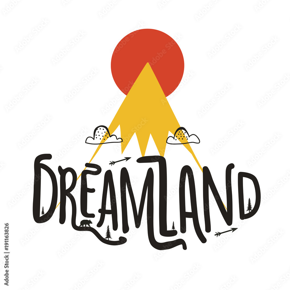 Vector illustration with mountains, bear silhouette, arrows, clouds ...