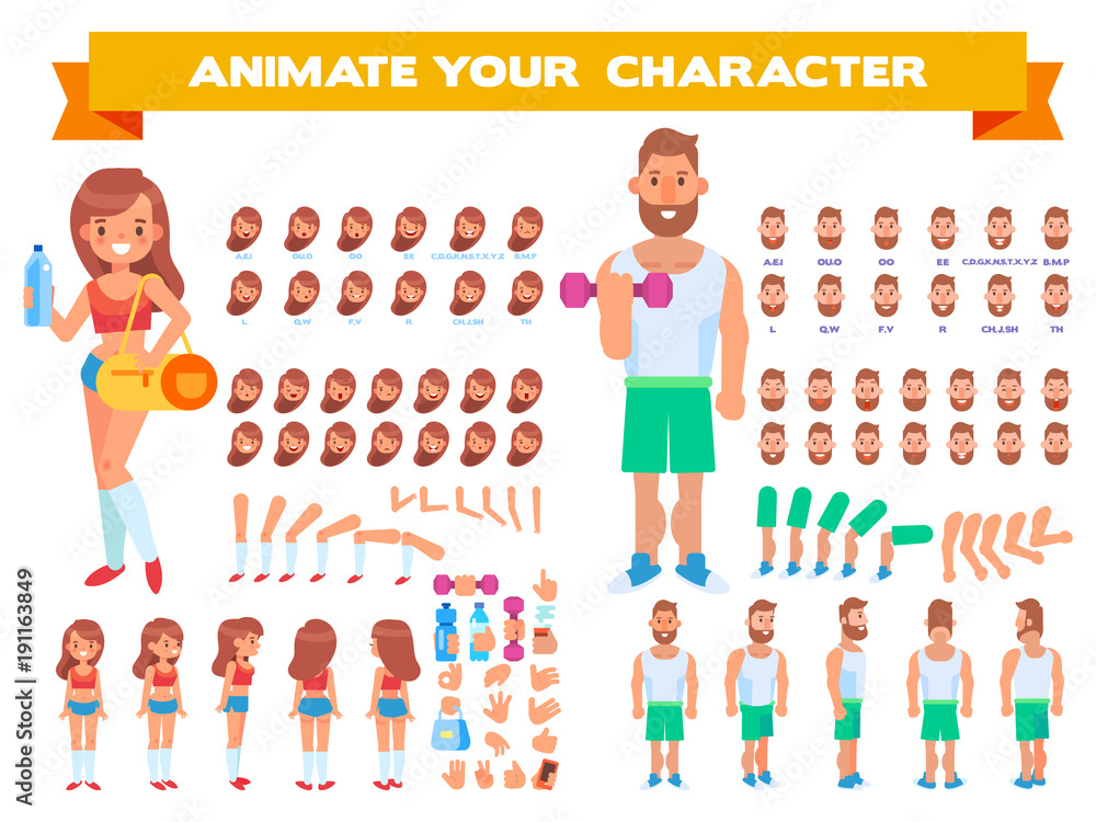 Front, side, back view animated characters. Man and female fitness ...