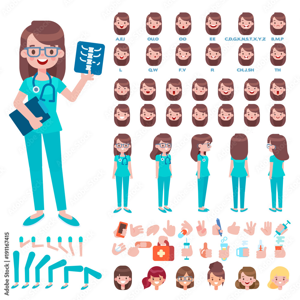 Front, side, back view animated character. Female doctor character ...
