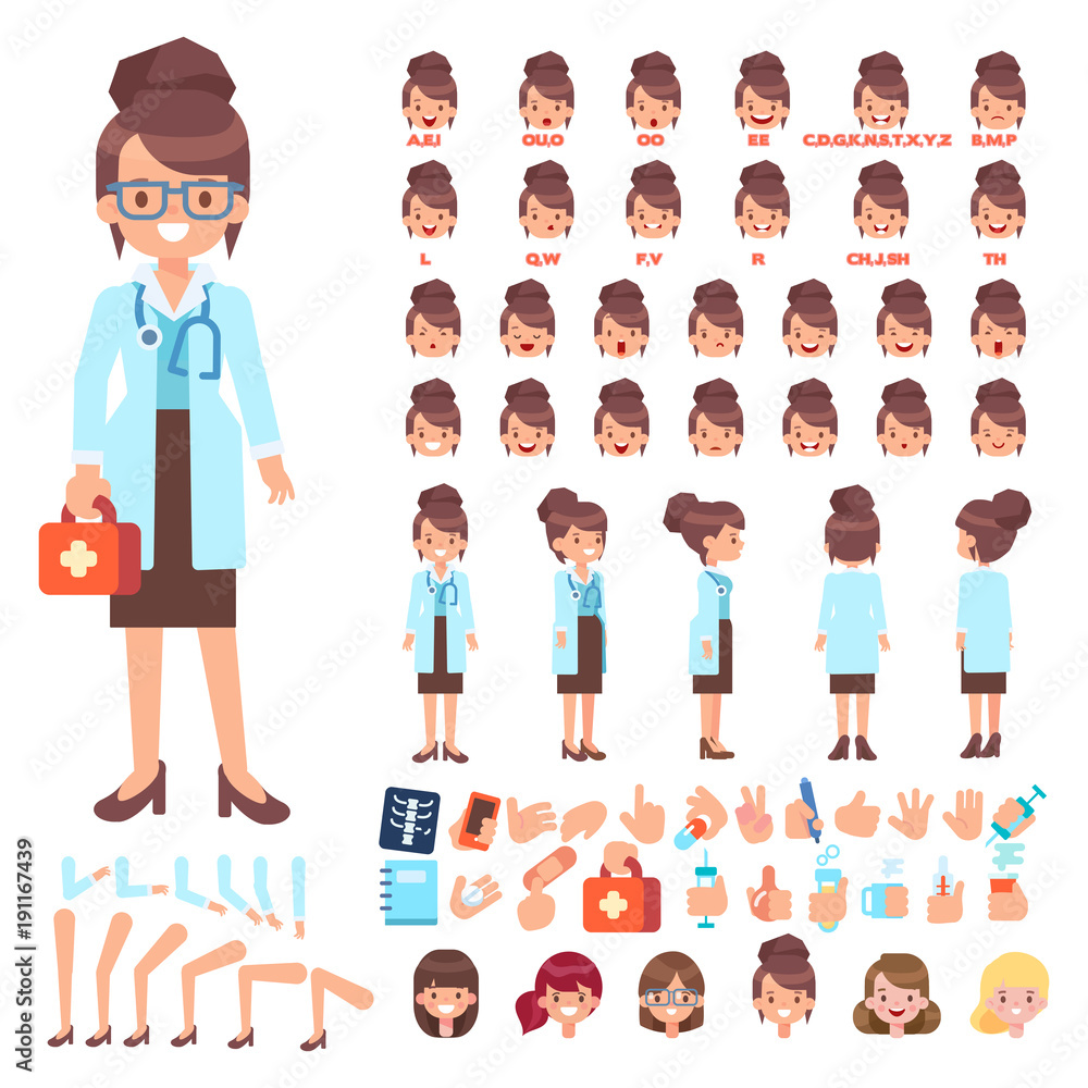 Front, side, back view animated character. Female doctor character ...