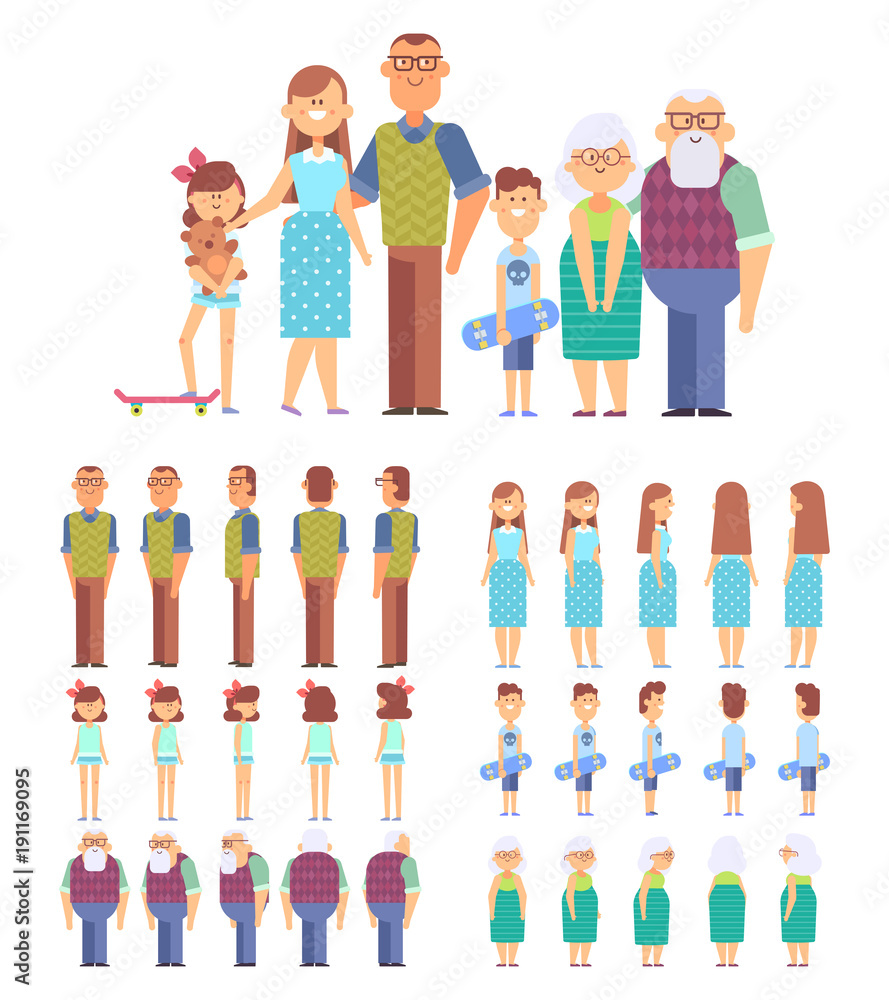Vector family - dad,mom, children and grandparents. Front, side, back ...