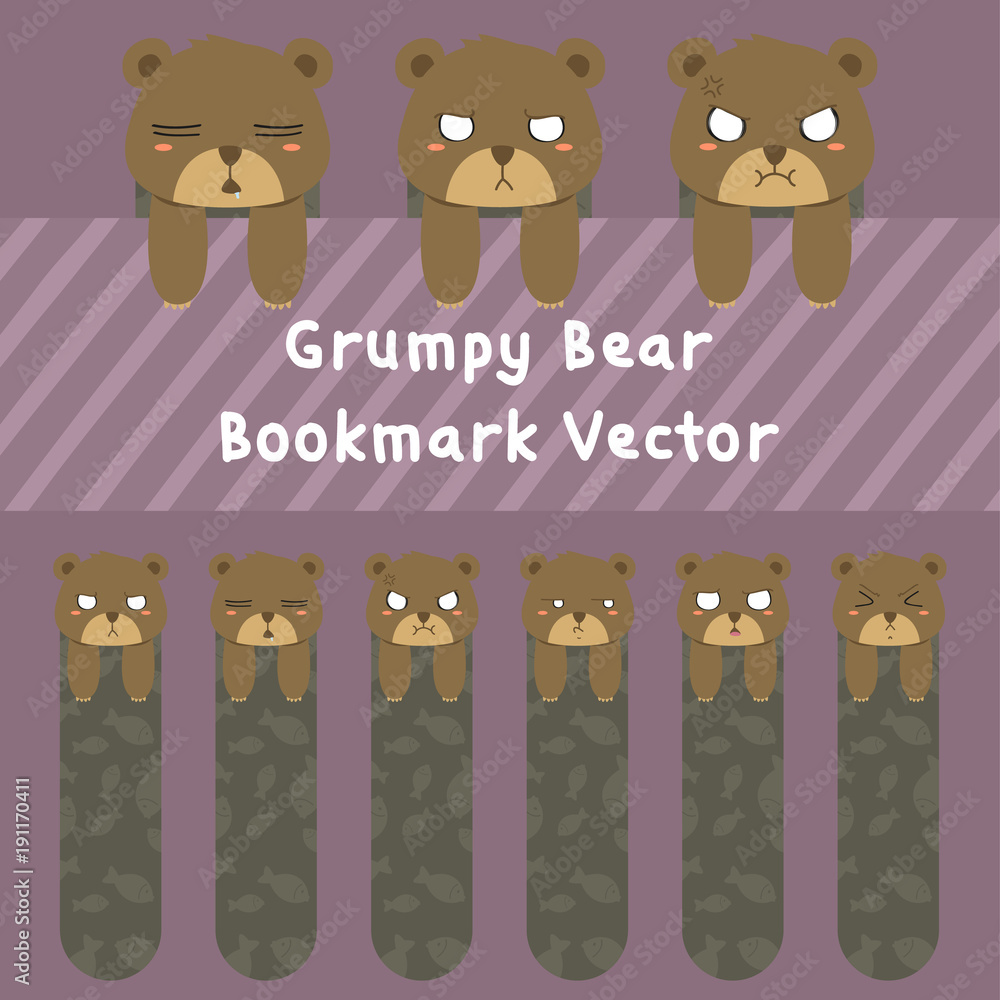Animal printable bookmark template. Cute grumpy bear bookmark vector ...