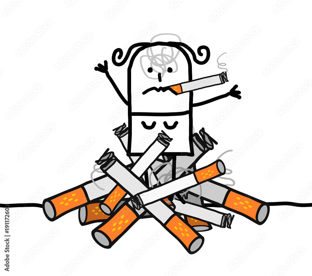 Cartoon Woman in a Big Pile of Cigarettes Stock Vector | Adobe Stock