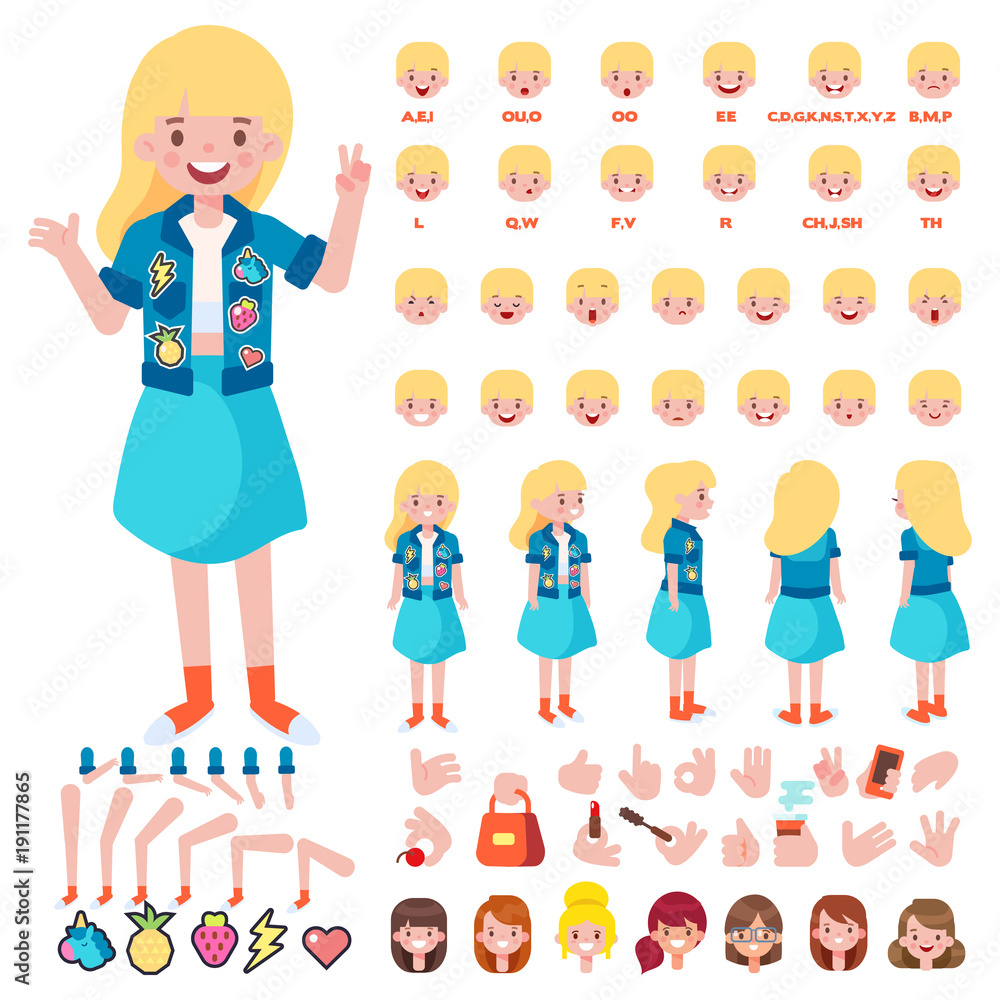 Flat Vector Girl character for your scenes. Character creation set with ...