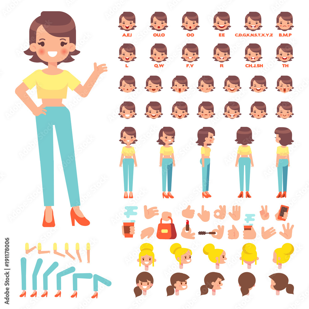 Flat Vector Girl character for your scenes. Character creation set with ...