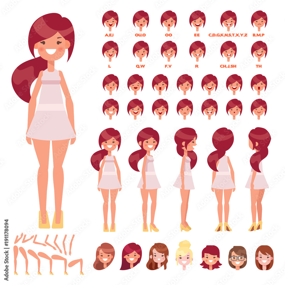 Front, side, back view animated character. Pretty young woman character ...