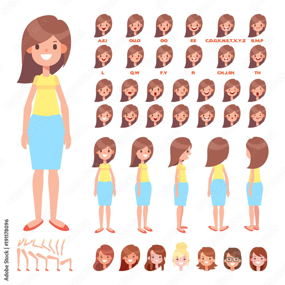 Front, side, back view animated character. Pretty young woman character ...
