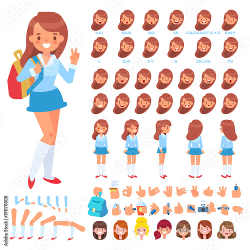 Front, side, back view animated character. Teenage girl character ...