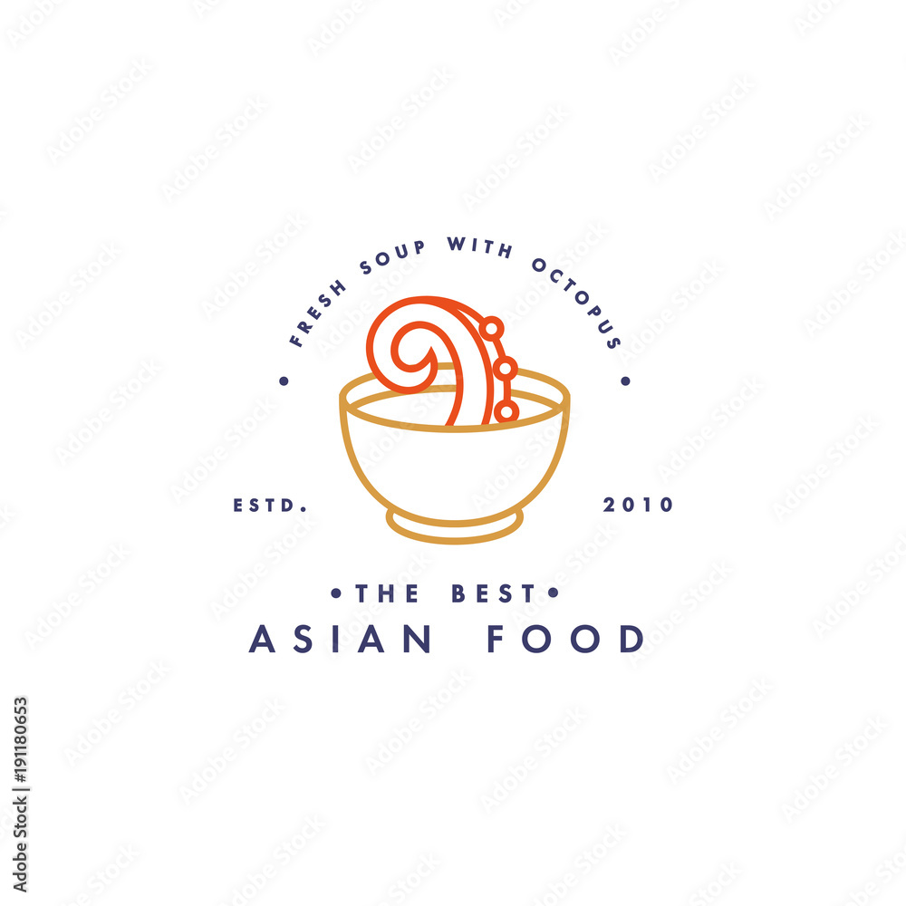 Vector logo design template and emblem or badge. Asian food - soup with ...
