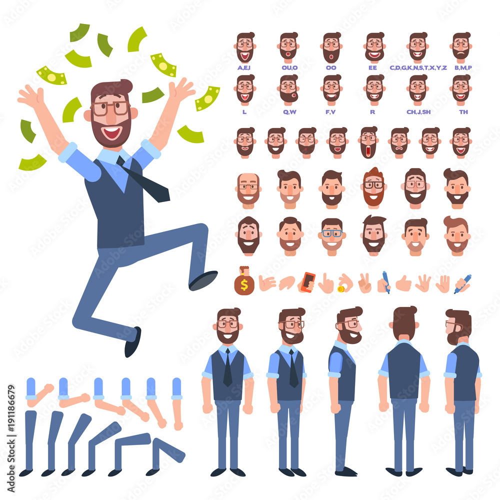 Front, side, back view animated character. Business man character ...