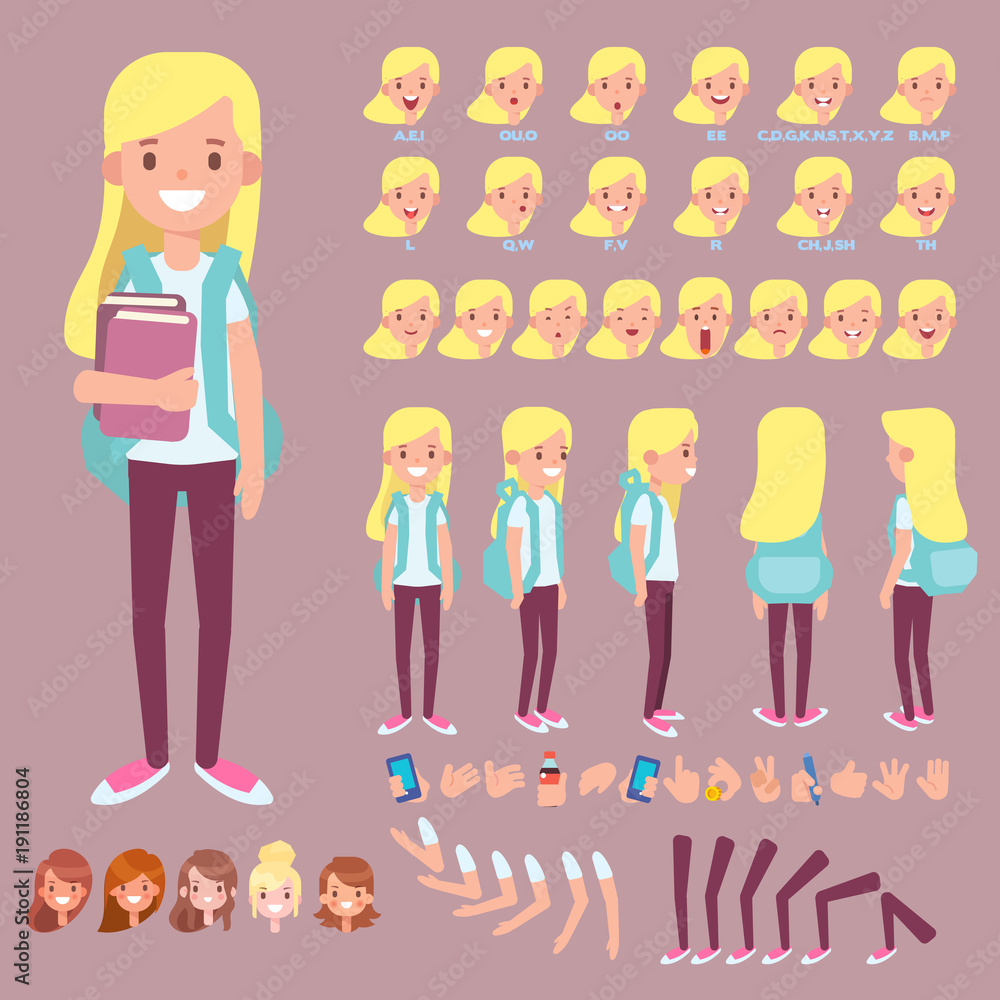 Front, side, back view animated character. Teenage girl character ...