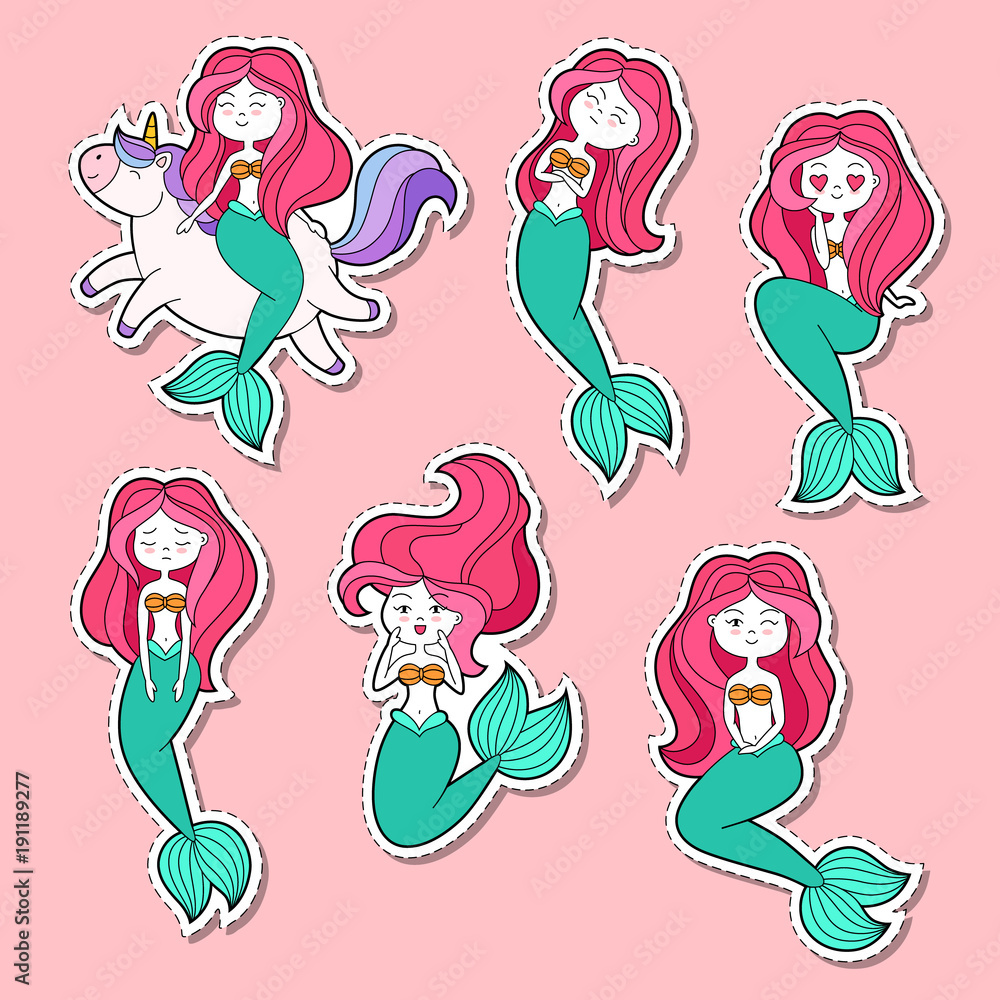 Set of funny cartoon mermaids. Patch, badge sticker. Collection of ...