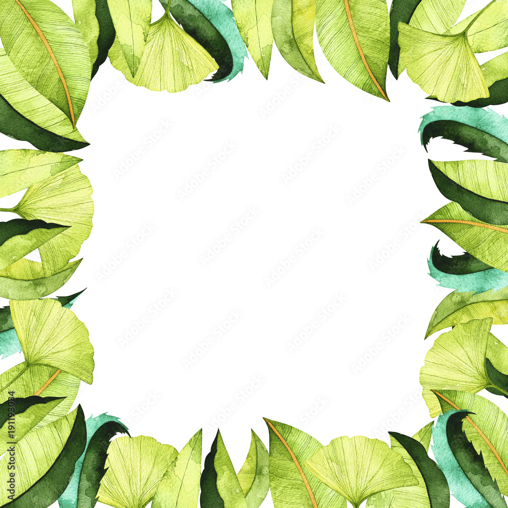 Watercolor leaves frame. Perfect for you postcard design,invitations ...