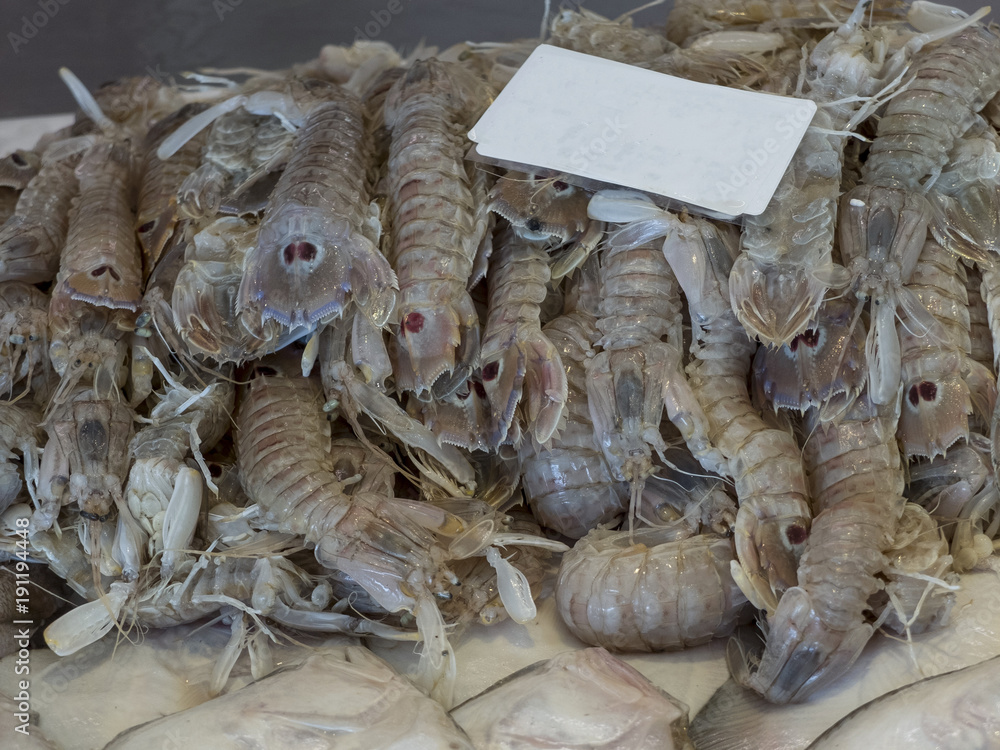 mantis shrimps (cicadas) close-up on the bench of the fish market. The ...