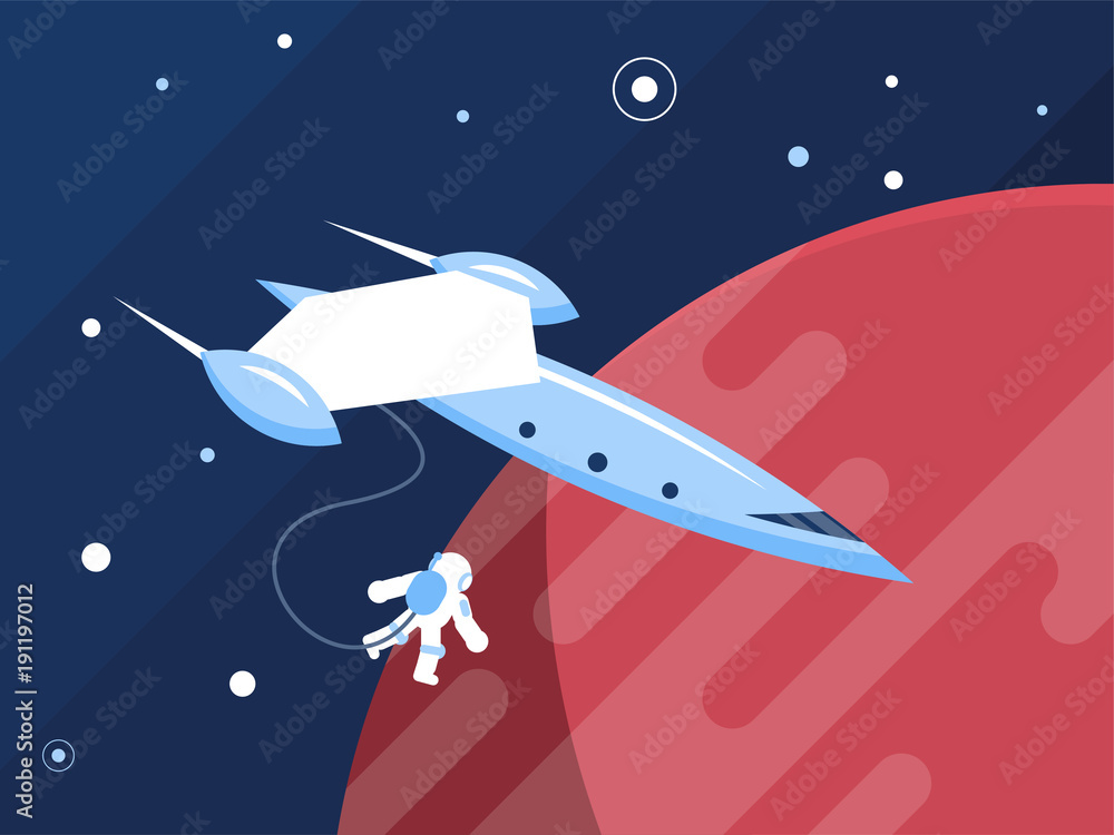 Cartoon spaceship with an astronaut planets stars and space background ...