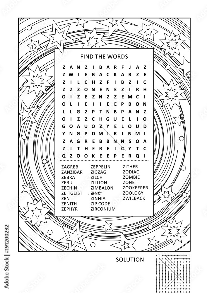 Puzzle and coloring activity page for grown-ups with z-words word ...