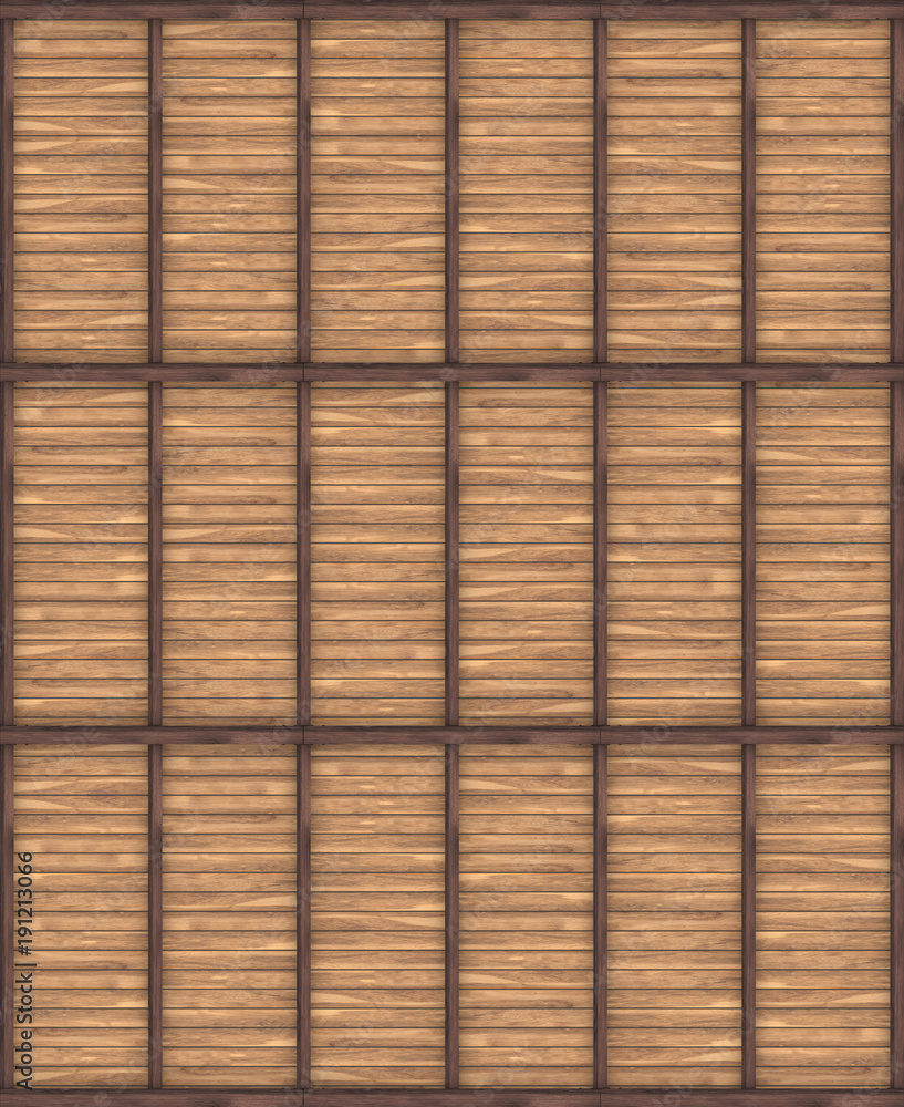 The texture of the wooden ceiling with beams. Top view. 3D ...