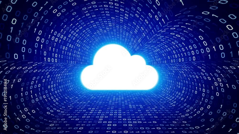 White cloud icon form white binary tunnel on blue background. Cloud ...