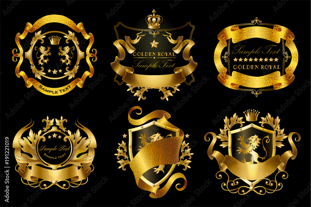 Vector set of golden royal stickers with crowns, shields, ribbons ...