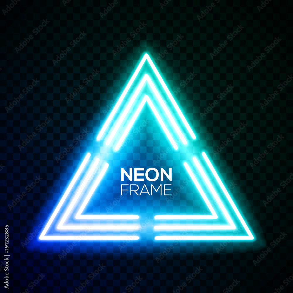 Blue neon light triangle. Gradient delta Techno frame. Night club ...
