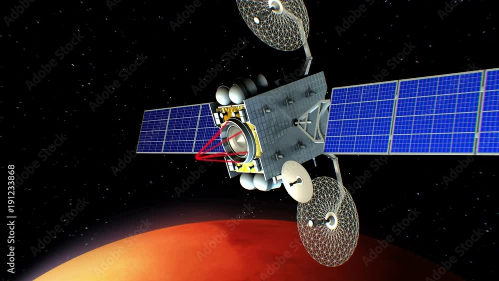 Space laser weapon. Mars on background, fictional military satellite on ...