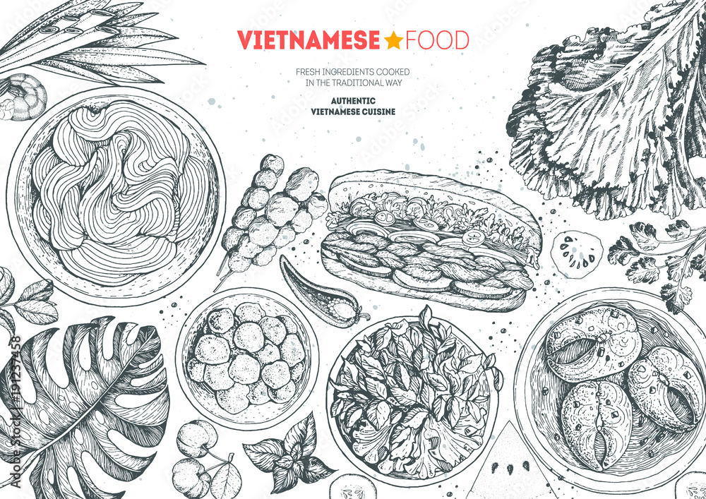 Vietnamese food top view frame. A set of vietnamese dishes . Food menu ...