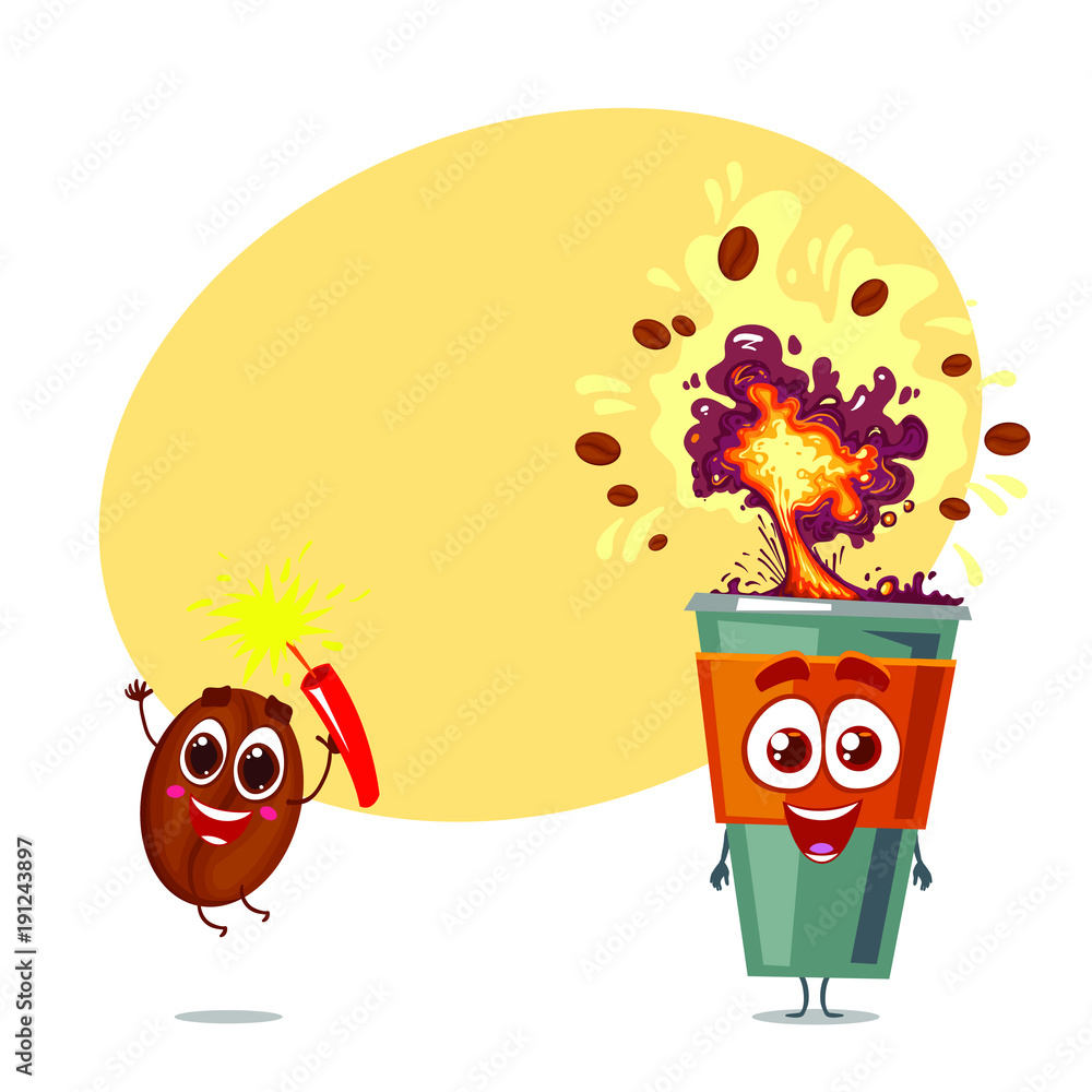 Two funny and happy character of coffee bean with dynamite and cup of ...