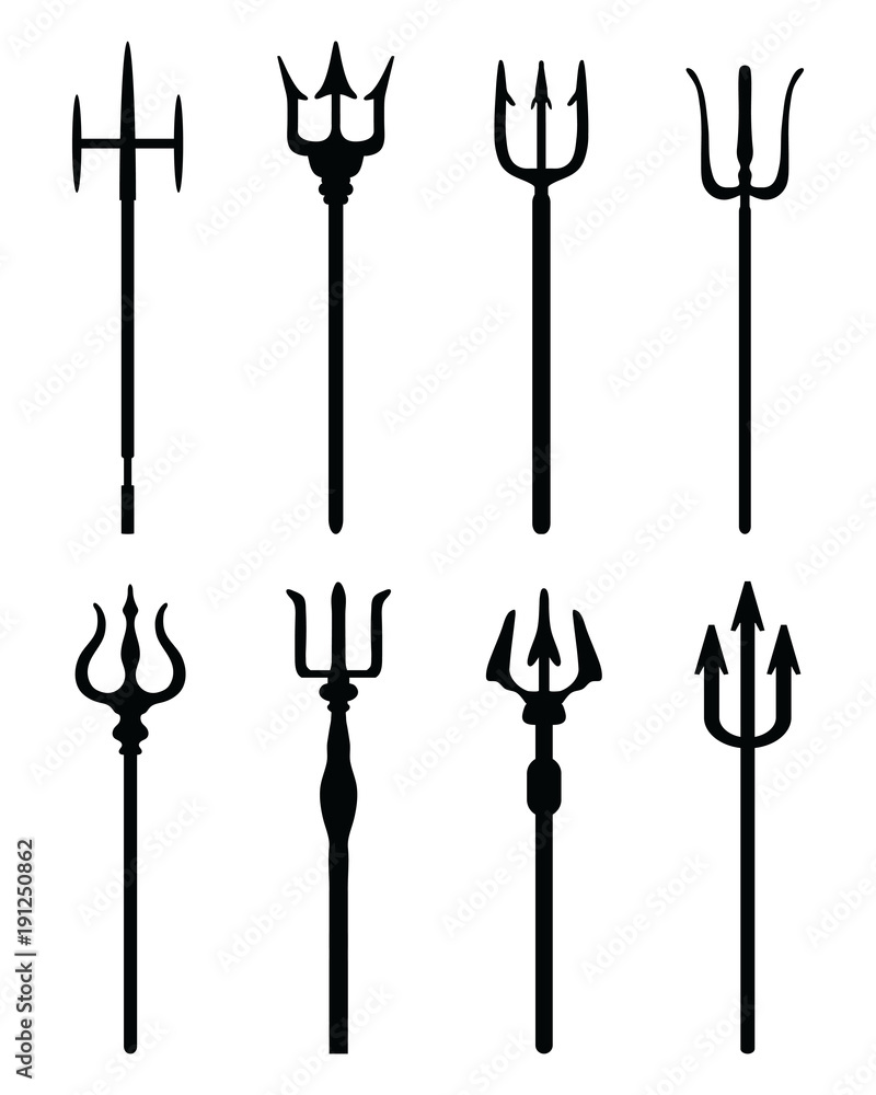 Set of black silhouettes of different tridents Stock Illustration ...