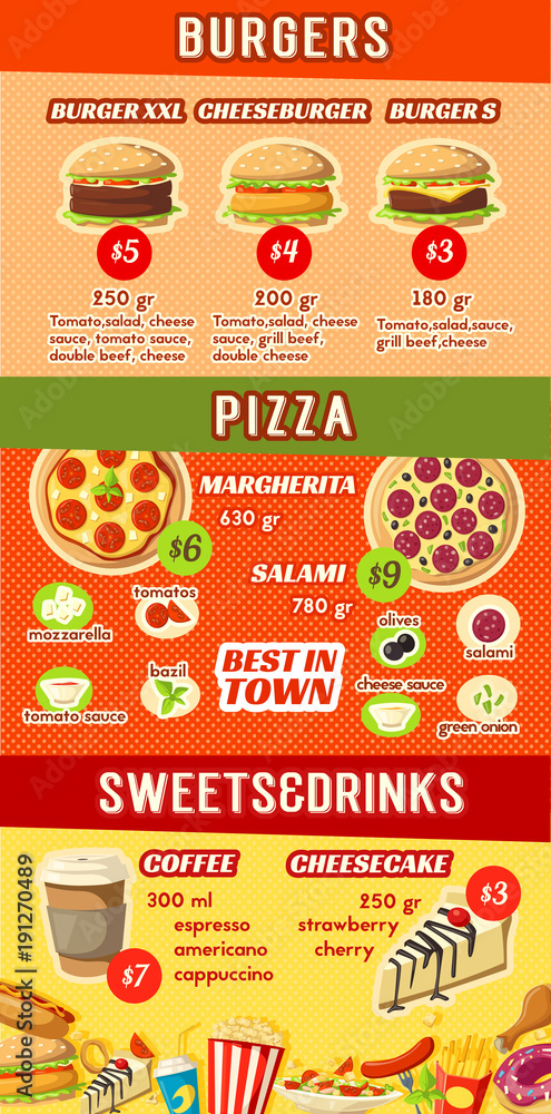 Fast food restaurant menu template of lunch dishes Stock Vector | Adobe ...