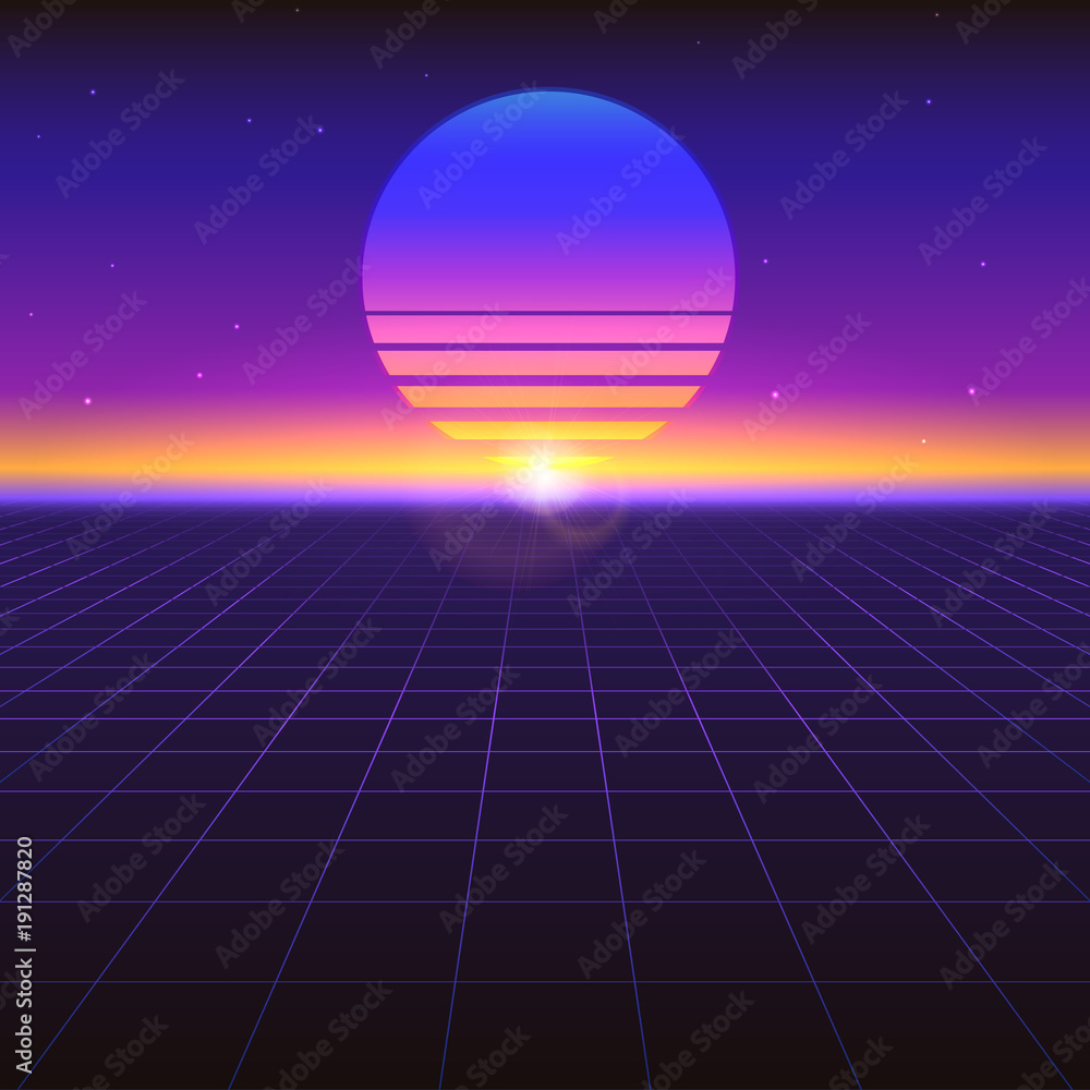 Sci fi futuristic abstract background with graphic sun on horizon ...