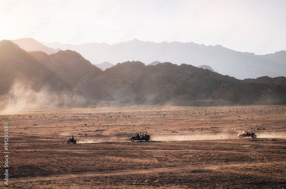 Buggy and ATV quads races in Sinai desert at sunset, Egypt. Stock Photo ...