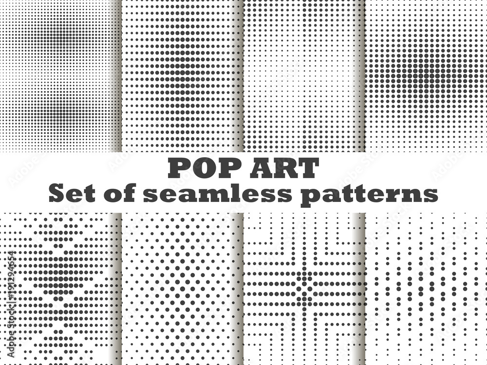 Dotted, Pop Art seamless pattern set. Halftone dots background. Black ...