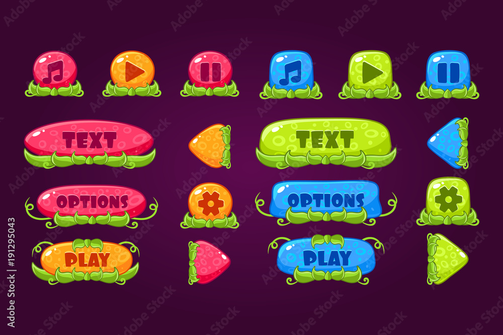 Colorful set of various buttons for computer game or mobile app. Play ...