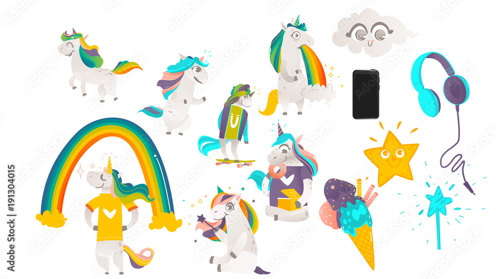 Vector cartoon unicorns, magic objects set. Unicorns, walking puking ...