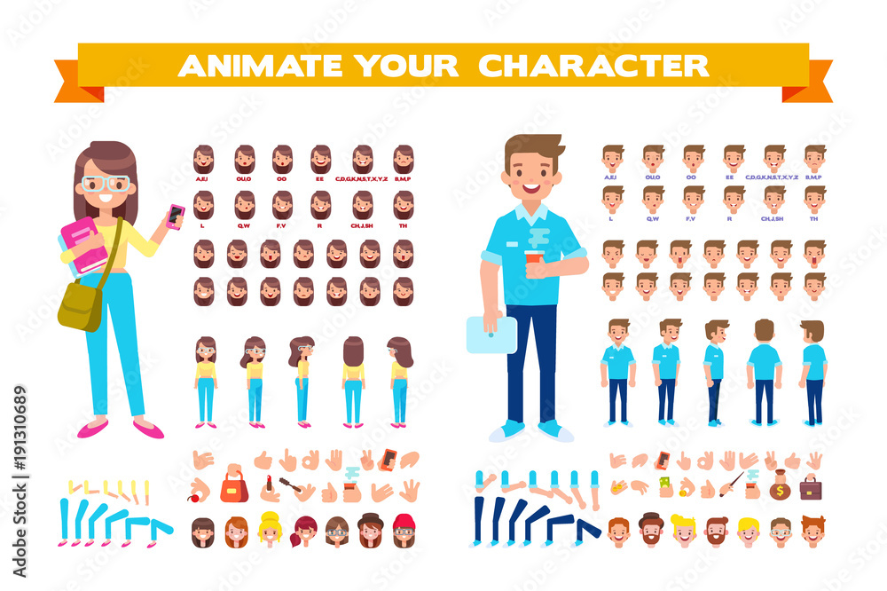 Front, side, back view animated characters. Male and female Students ...