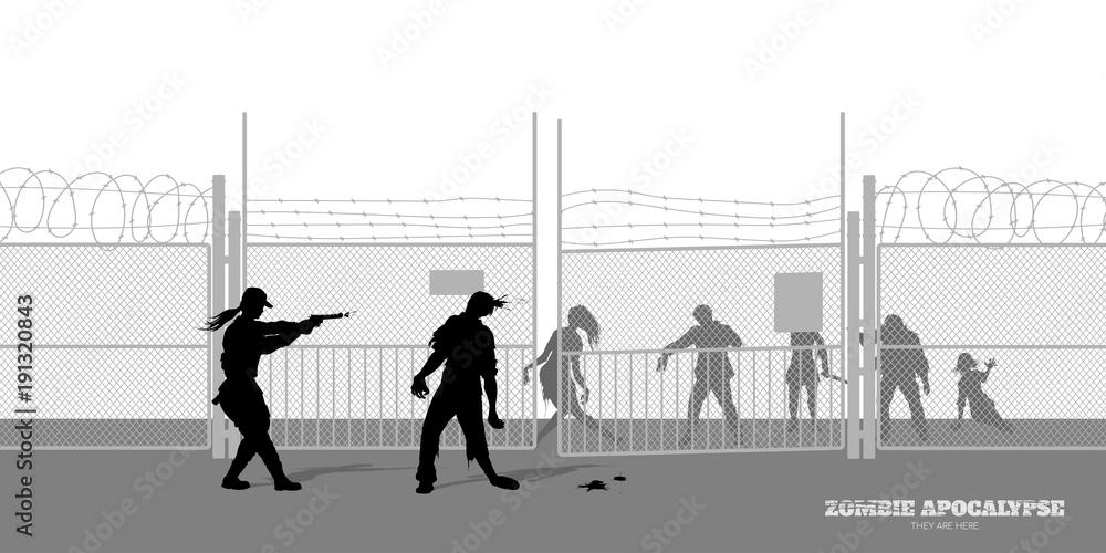 Poster Zombie apocalypse. Silhouettes of policeman and dead peoples on ...