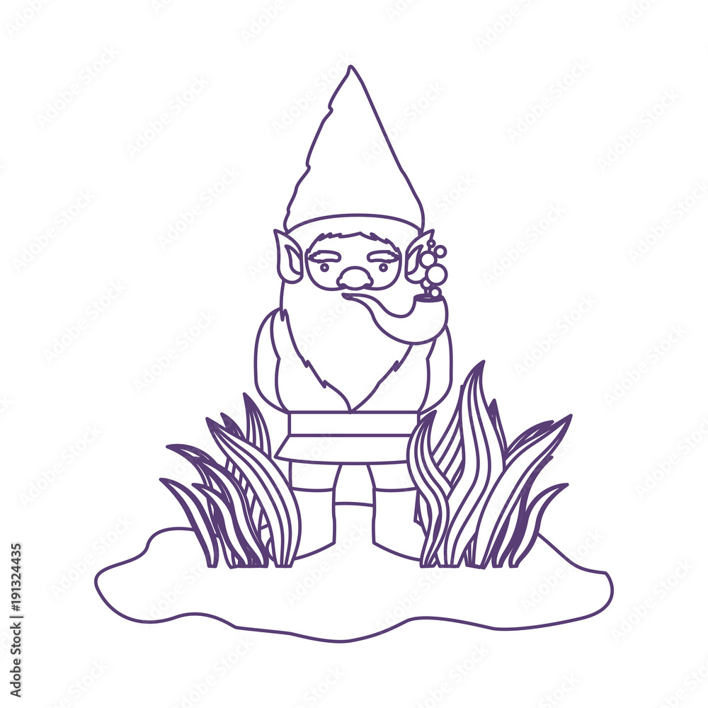 gnome coming out of the bushes with smoking pipe in purple contour over ...
