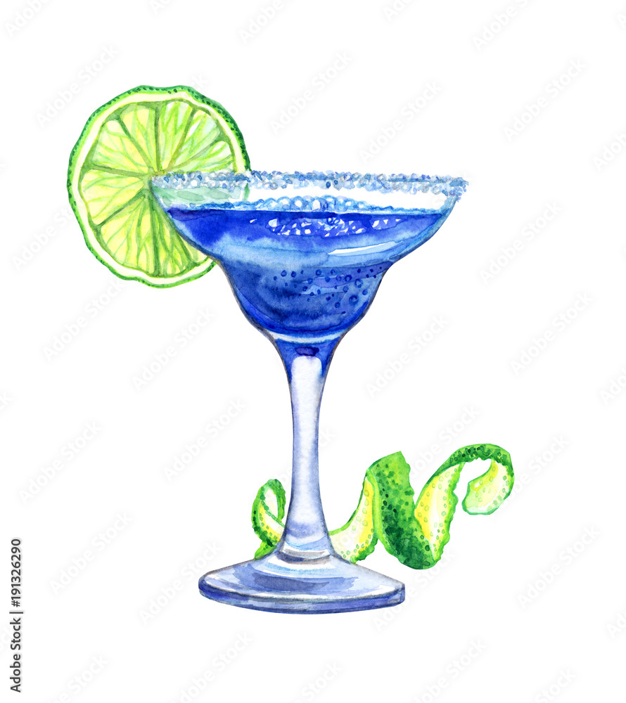 Cocktail with martini blue, watercolor drawing on white background ...